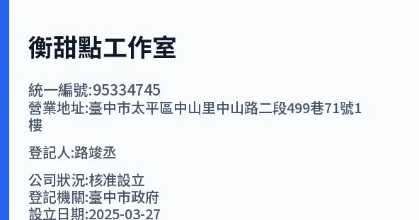 衡甜點工作室的照片-統編 95334745(臺中市) 公司登記資料與營業項目詳細圖表