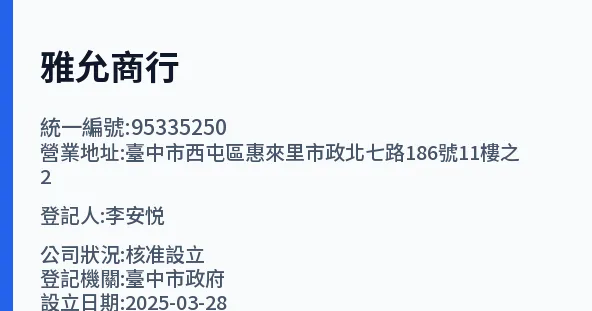 雅允商行的照片-統編 95335250(臺中市) 公司登記資料與營業項目詳細圖表