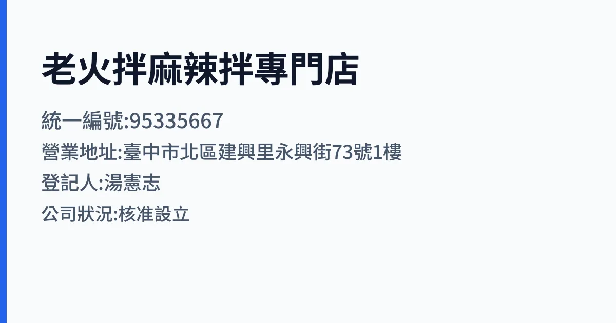 老火拌麻辣拌專門店 - 統編 95335667(臺中市) 公司登記資料與營業項目詳細圖表