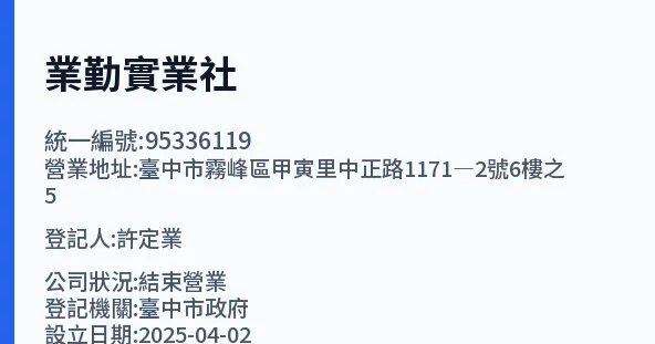 業勤實業社的照片-統編 95336119(臺中市) 公司登記資料與營業項目詳細圖表