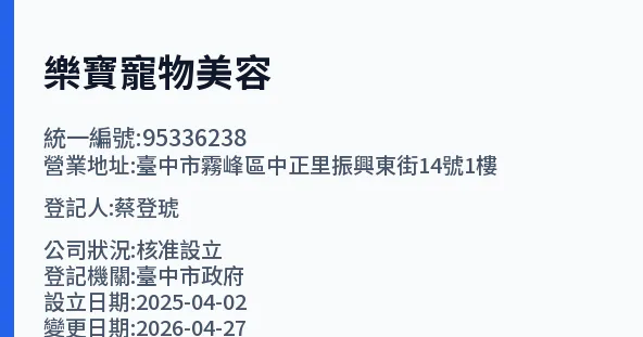 樂寶寵物美容的照片-統編 95336238(臺中市) 公司登記資料與營業項目詳細圖表