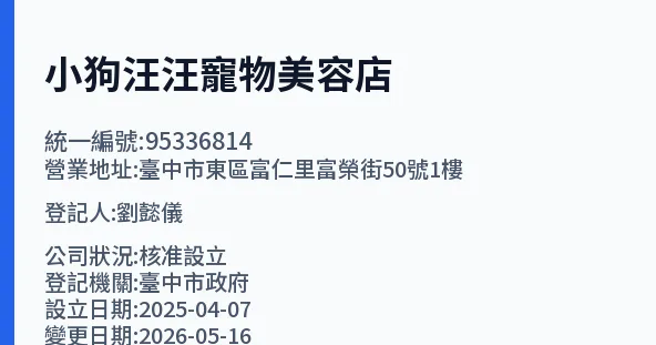 小狗汪汪寵物美容店的照片-統編 95336814(臺中市) 公司登記資料與營業項目詳細圖表