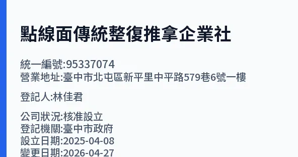 點線面傳統整復推拿企業社的照片-統編 95337074(臺中市) 公司登記資料與營業項目詳細圖表