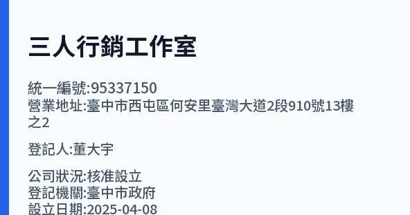 三人行銷工作室的照片-統編 95337150(臺中市) 公司登記資料與營業項目詳細圖表