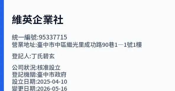 維英企業社的照片-統編 95337715(臺中市) 公司登記資料與營業項目詳細圖表