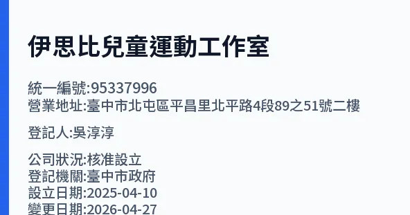 伊思比兒童運動工作室的照片-統編 95337996(臺中市) 公司登記資料與營業項目詳細圖表