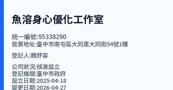 魚溶身心優化工作室的照片-統編 95338290(臺中市) 公司登記資料與營業項目詳細圖表