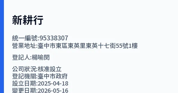 新耕行的照片-統編 95338307(臺中市) 公司登記資料與營業項目詳細圖表