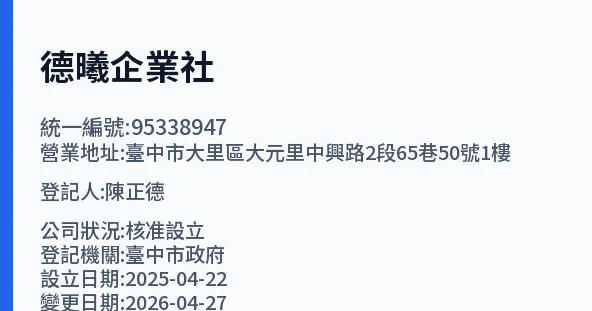 德曦企業社的照片-統編 95338947(臺中市) 公司登記資料與營業項目詳細圖表