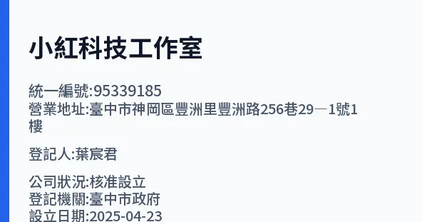 小紅科技工作室的照片-統編 95339185(臺中市) 公司登記資料與營業項目詳細圖表