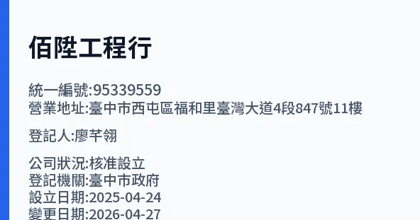 佰陞工程行的照片-統編 95339559(臺中市) 公司登記資料與營業項目詳細圖表
