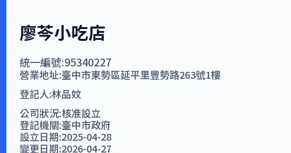 廖芩小吃店的照片-統編 95340227(臺中市) 公司登記資料與營業項目詳細圖表