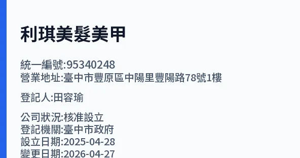利琪美髮美甲的照片-統編 95340248(臺中市) 公司登記資料與營業項目詳細圖表