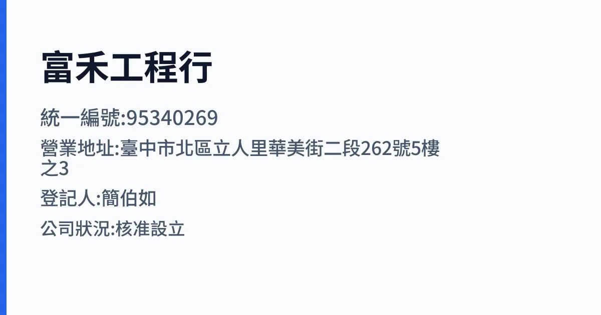 富禾工程行 - 統編 95340269(臺中市) 公司登記資料與營業項目詳細圖表