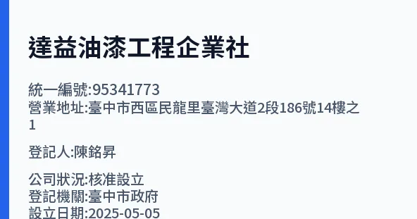 達益油漆工程企業社的照片-統編 95341773(臺中市) 公司登記資料與營業項目詳細圖表