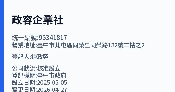 政容企業社的照片-統編 95341817(臺中市) 公司登記資料與營業項目詳細圖表