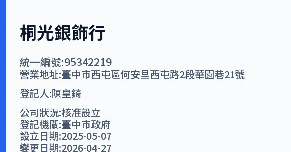 桐光銀飾行的照片-統編 95342219(臺中市) 公司登記資料與營業項目詳細圖表