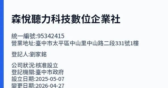 森悅聽力科技數位企業社的照片-統編 95342415(臺中市) 公司登記資料與營業項目詳細圖表