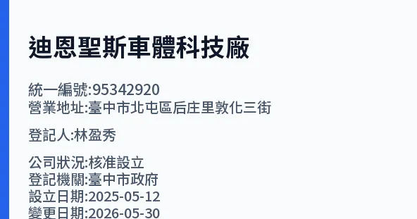 迪恩聖斯車體科技廠的照片-統編 95342920(臺中市) 公司登記資料與營業項目詳細圖表