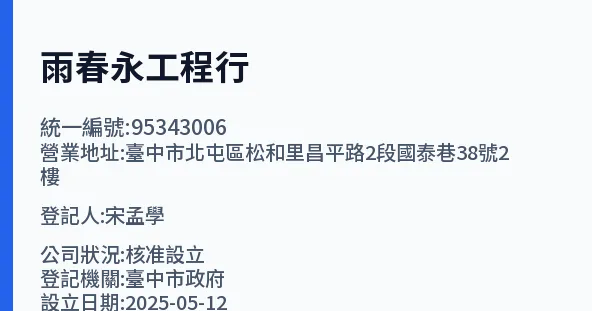 雨春永工程行的照片-統編 95343006(臺中市) 公司登記資料與營業項目詳細圖表