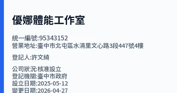 優娜體能工作室的照片-統編 95343152(臺中市) 公司登記資料與營業項目詳細圖表