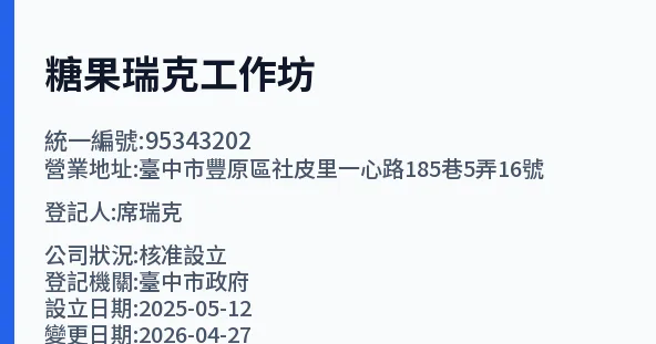 糖果瑞克工作坊的照片-統編 95343202(臺中市) 公司登記資料與營業項目詳細圖表