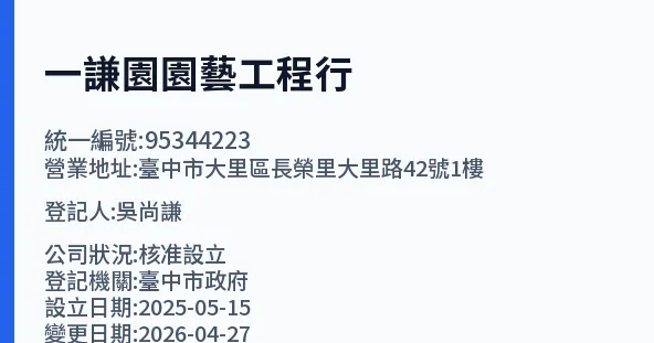一謙園園藝工程行的照片-統編 95344223(臺中市) 公司登記資料與營業項目詳細圖表
