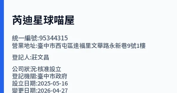芮迪星球喵屋的照片-統編 95344315(臺中市) 公司登記資料與營業項目詳細圖表
