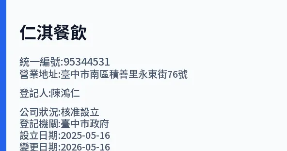 仁淇餐飲的照片-統編 95344531(臺中市) 公司登記資料與營業項目詳細圖表