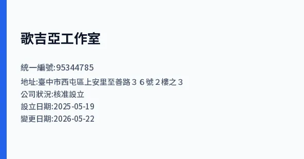 歌吉亞工作室的照片-統編 95344785(臺中市) 公司登記資料與營業項目詳細圖表