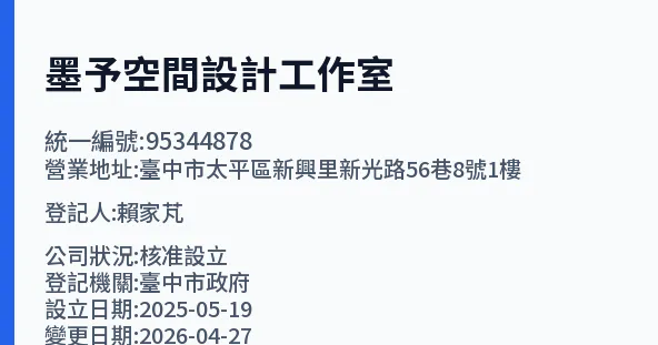 墨予空間設計工作室的照片-統編 95344878(臺中市) 公司登記資料與營業項目詳細圖表