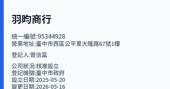 羽昀商行的照片-統編 95344928(臺中市) 公司登記資料與營業項目詳細圖表