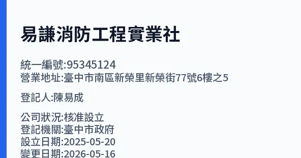 易謙消防工程實業社的照片-統編 95345124(臺中市) 公司登記資料與營業項目詳細圖表
