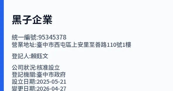 黑子企業的照片-統編 95345378(臺中市) 公司登記資料與營業項目詳細圖表