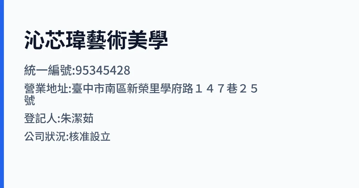 沁芯瑋藝術美學 - 統編 95345428(臺中市) 公司登記資料與營業項目詳細圖表
