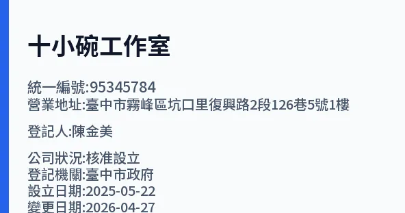 十小碗工作室的照片-統編 95345784(臺中市) 公司登記資料與營業項目詳細圖表