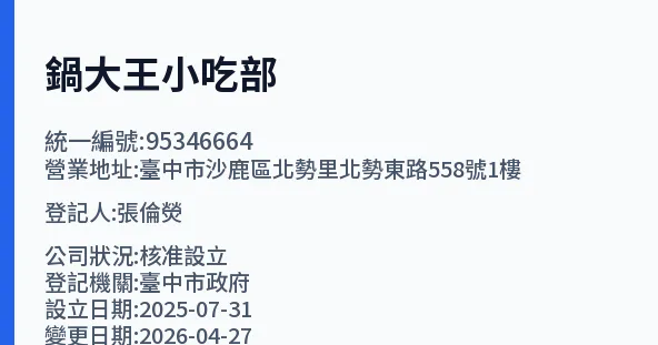 鍋大王小吃部的照片-統編 95346664(臺中市) 公司登記資料與營業項目詳細圖表