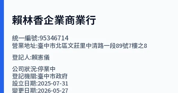 賴林香企業商業行的照片-統編 95346714(臺中市) 公司登記資料與營業項目詳細圖表
