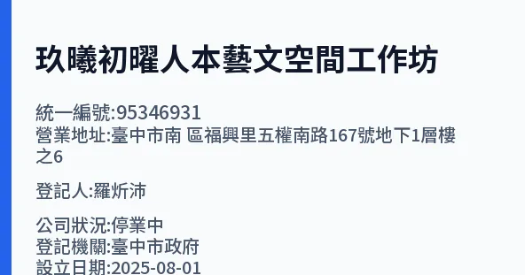 玖曦初曜人本藝文空間工作坊的照片-統編 95346931(臺中市) 公司登記資料與營業項目詳細圖表