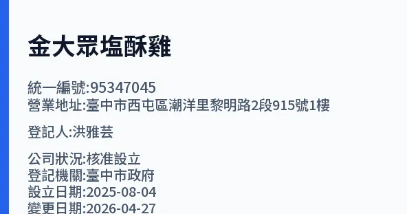 金大眾塩酥雞的照片-統編 95347045(臺中市) 公司登記資料與營業項目詳細圖表