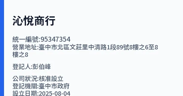 沁悅商行的照片-統編 95347354(臺中市) 公司登記資料與營業項目詳細圖表