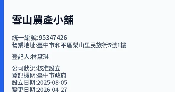 雪山農產小舖的照片-統編 95347426(臺中市) 公司登記資料與營業項目詳細圖表