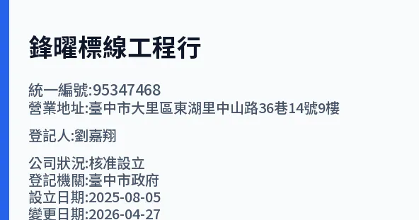 鋒曜標線工程行的照片-統編 95347468(臺中市) 公司登記資料與營業項目詳細圖表