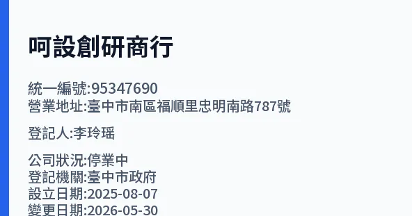 呵設創研商行的照片-統編 95347690(臺中市) 公司登記資料與營業項目詳細圖表