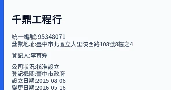 千鼎工程行的照片-統編 95348071(臺中市) 公司登記資料與營業項目詳細圖表