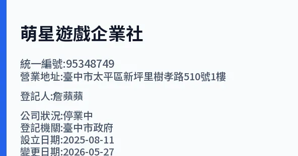 萌星遊戲企業社的照片-統編 95348749(臺中市) 公司登記資料與營業項目詳細圖表