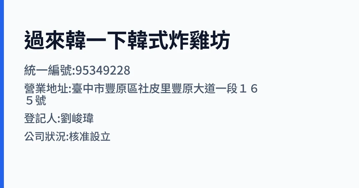 過來韓一下韓式炸雞坊 - 統編 95349228（臺中市） 公司登記資料與營業項目詳細圖表