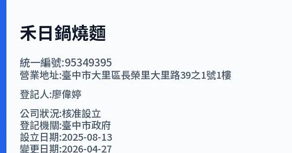 禾日鍋燒麵的照片-統編 95349395(臺中市) 公司登記資料與營業項目詳細圖表