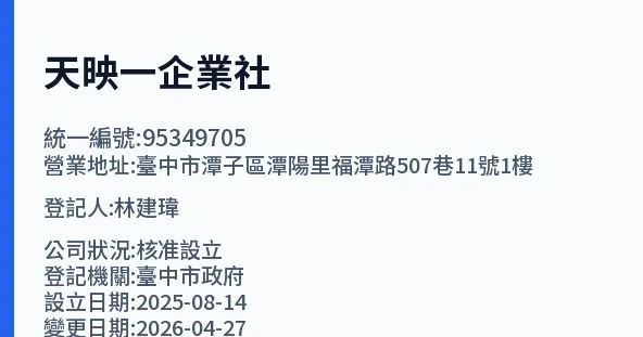 天映一企業社的照片-統編 95349705(臺中市) 公司登記資料與營業項目詳細圖表