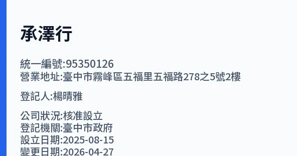 承澤行的照片-統編 95350126(臺中市) 公司登記資料與營業項目詳細圖表